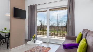 Apartment, 1 Queen Bed with Sofa bed, Balcony (Salvia) | Sala de estar | TV de ecrã plano