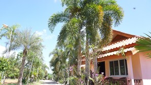 Uma trilha ladeada por palmeiras que leva a um edifício com telhado de cerâmica e varanda.