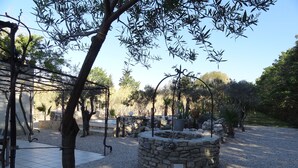 Uma área de jardim com uma fonte de pedra, caminhos de cascalho e diversas plantas.