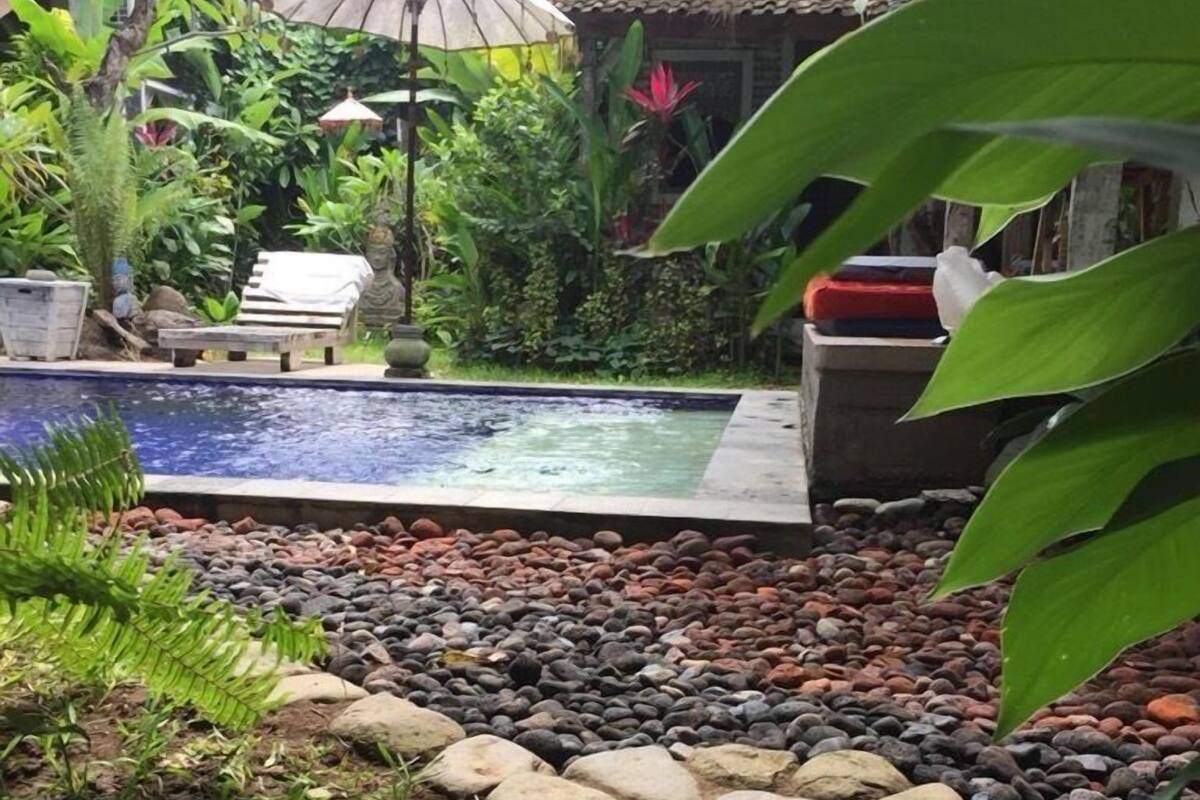 Uma área de piscina com borda de pedra, cercada por vegetação e uma estrutura com telhado de palha.