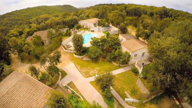 Uma vila cercada por vegetação exuberante e uma piscina.