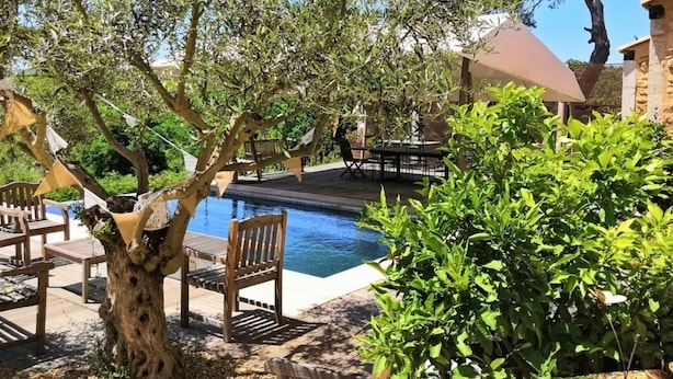 Uma área de piscina com cadeiras e mesa de madeira, cercada por vegetação e uma árvore.