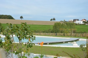 Piscina com deck de madeira, cercada por uma vedação e vegetação, com casas ao fundo.