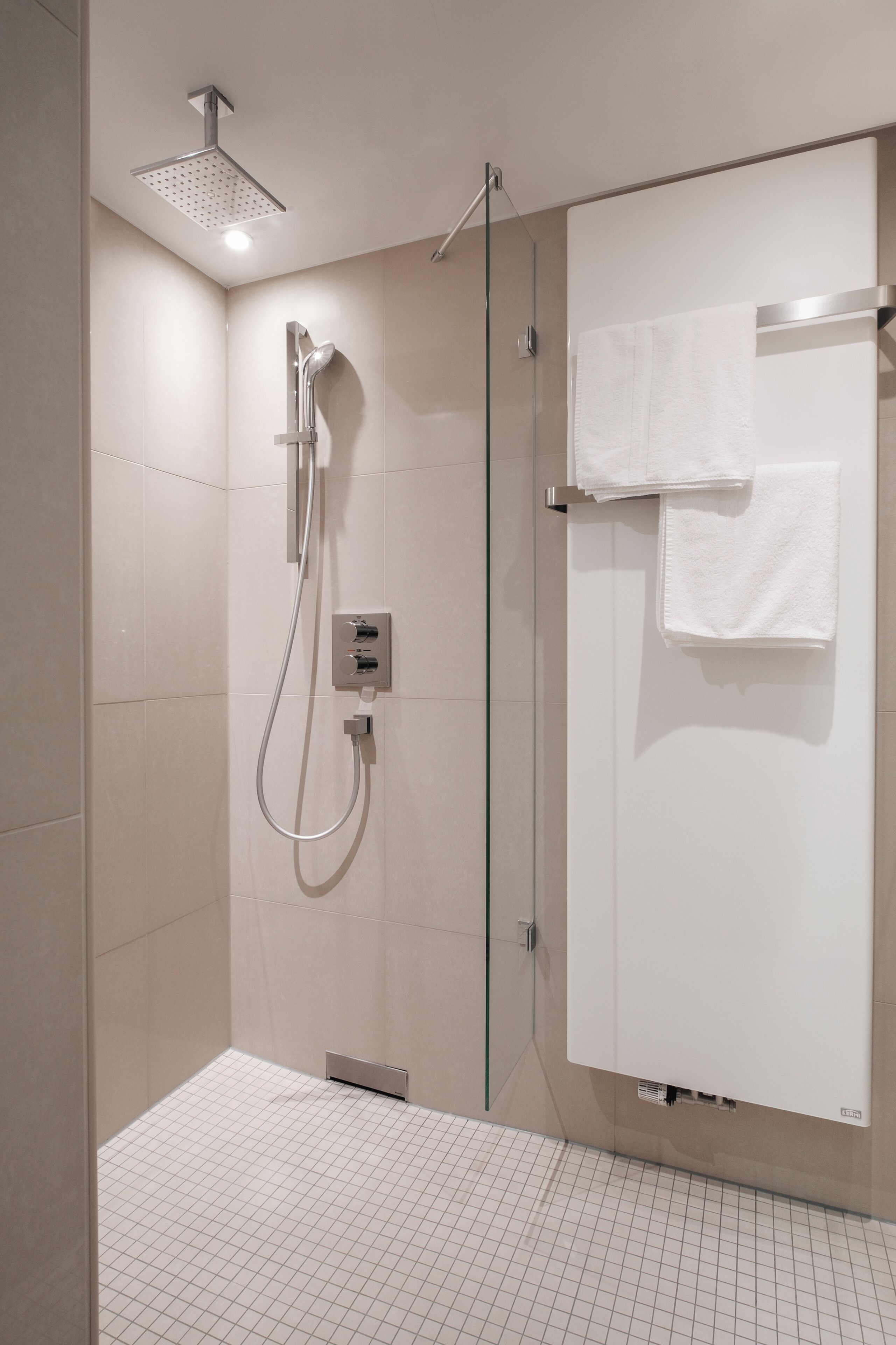 Área de chuveiro moderna com porta de vidro, chuveiro manual e porta-toalhas fixado na parede.