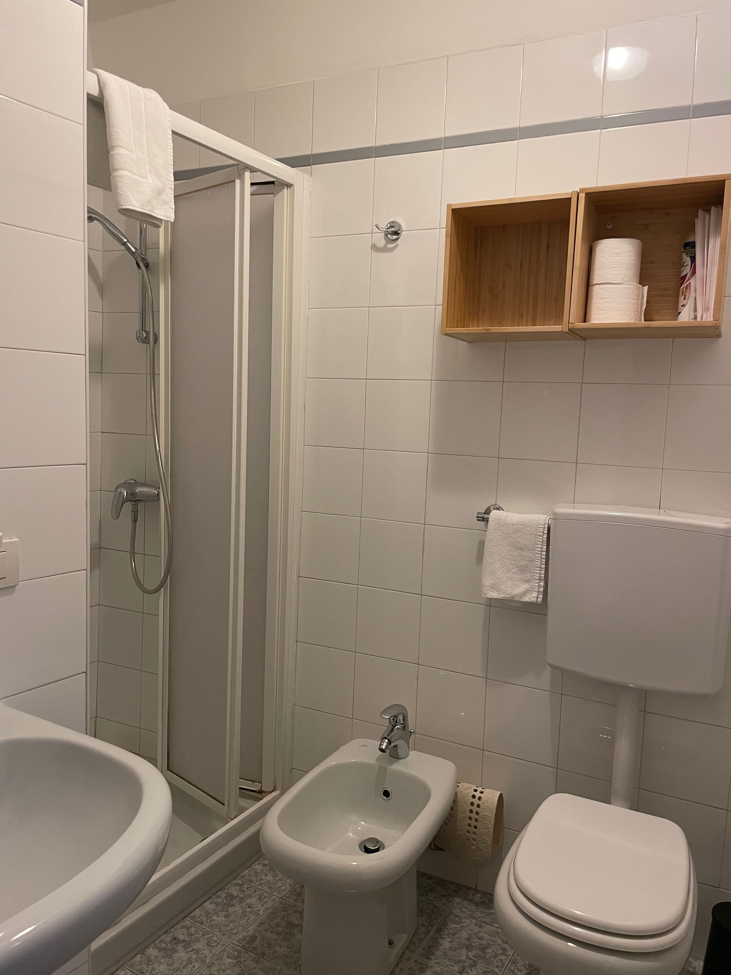 Casa de banho com chuveiro, bidé, sanita e um prateleira com artigos de higiene pessoal.