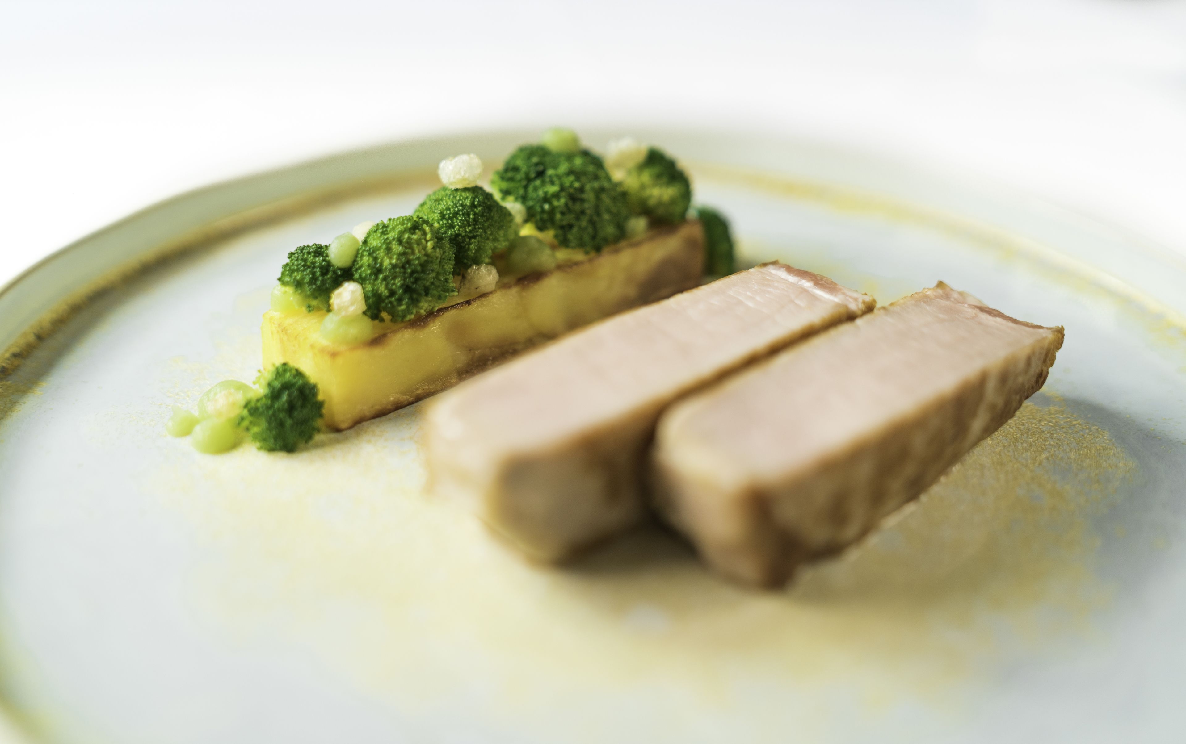 Um prato com um pedaço de carne e brócolis.