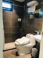 Chuveiro, produtos de toalete grátis, secador de cabelo, chinelos