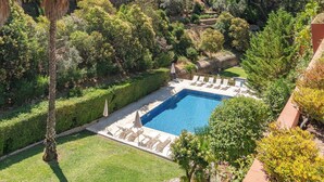 Um edifício moderno com piscina e vegetação exuberante.