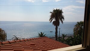 Vista do mar através de uma janela com telhado de azulejos.