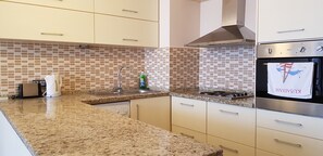 Apartamento, 4 quartos | Cozinha privada | Um frigorífico, um forno, uma placa de cozinha, uma chaleira elétrica 