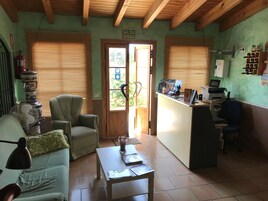 Um quarto acolhedor com teto de madeira, um sofá verde, uma pequena mesa, uma cadeira e uma escrivaninha com um computador.
