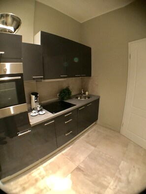 Apartamento, 2 quartos | Cozinha privada | Um frigorífico, um micro-ondas, um forno, uma placa de cozinha