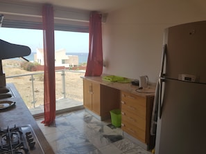 Apartamento, vista para o mar | Cozinha privada | Geladeira grande, micro-ondas, cafeteira/chaleira