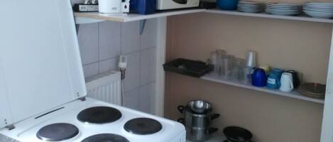 Apartamento Básico, 2 quartos | Cozinha privada | Um frigorífico, um micro-ondas, um forno, utensílios de cozinha