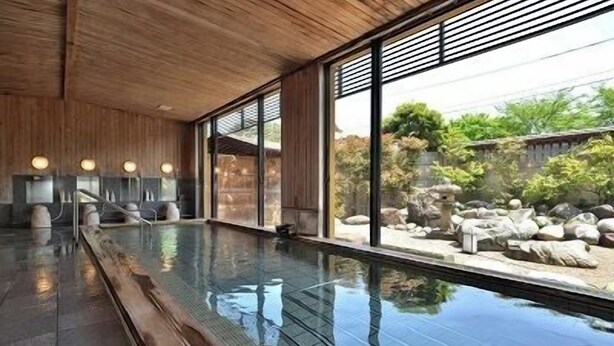 Piscina interior moderna com teto de madeira e grandes janelas.