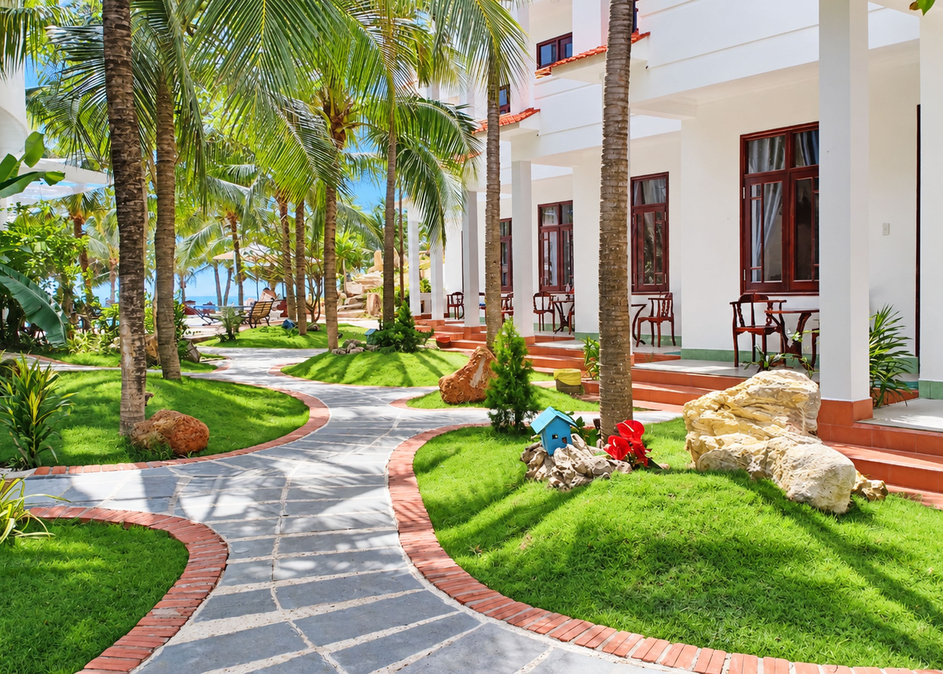 Resort com calçada pavimentada, palmeiras e áreas de estar ao ar livre.