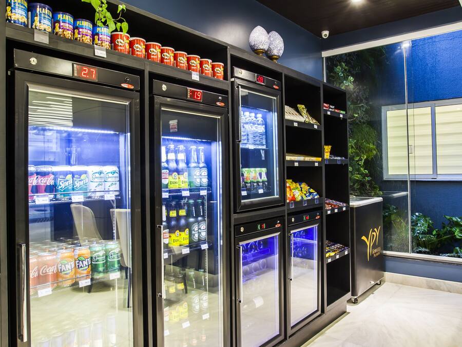 Uma fileira de refrigeradores de bebidas com diversas opções, uma planta e uma máquina de vendas automática.
