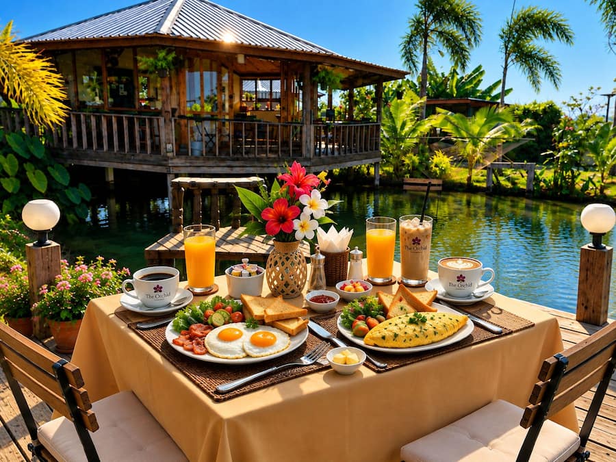 Mesa de café da manhã com ovos, torradas e suco, à beira da piscina, com vista para uma casa com varanda.