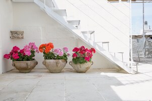 Três vasos grandes com flores vibrantes sobre um chão de azulejos brancos, ao lado de uma escadaria branca.
