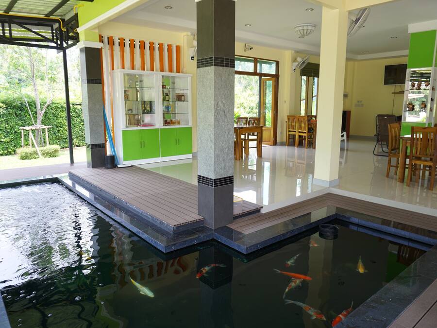 Uma piscina interior moderna com água cristalina, rodeada por um deck de madeira e um armário verde.