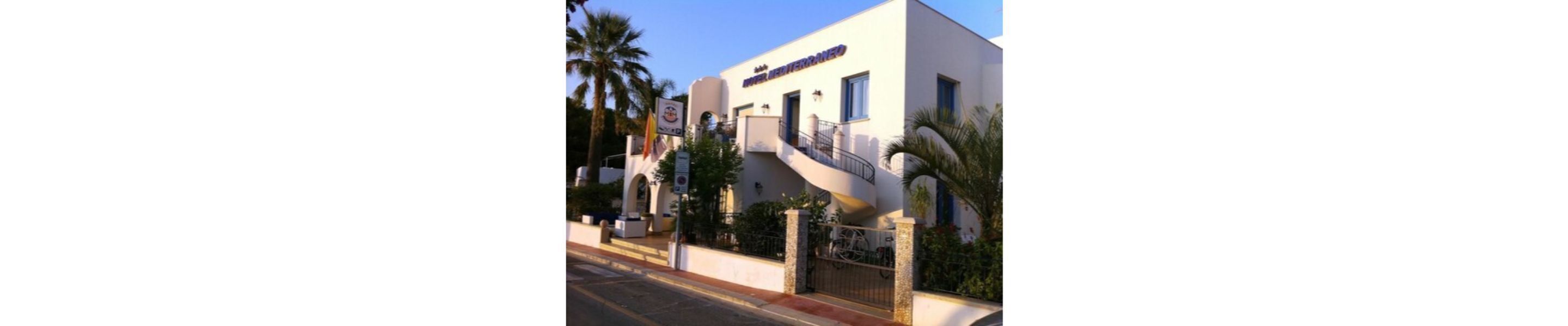 Um hotel com fachada moderna, uma escadaria que leva à entrada e uma palmeira em primeiro plano.