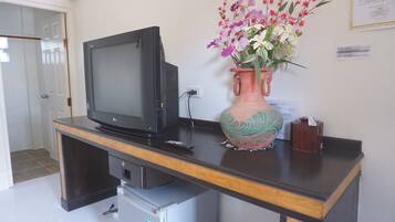 Uma televisão sobre uma mesa de madeira com um vaso de flores.