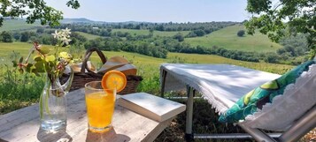 Disposição para piquenique com mesa, um copo de suco de laranja, um livro e uma cesta com flores.