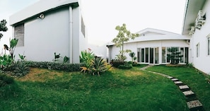 Uma casa moderna com um gramado bem cuidado, um caminho de pedra e diversas plantas.