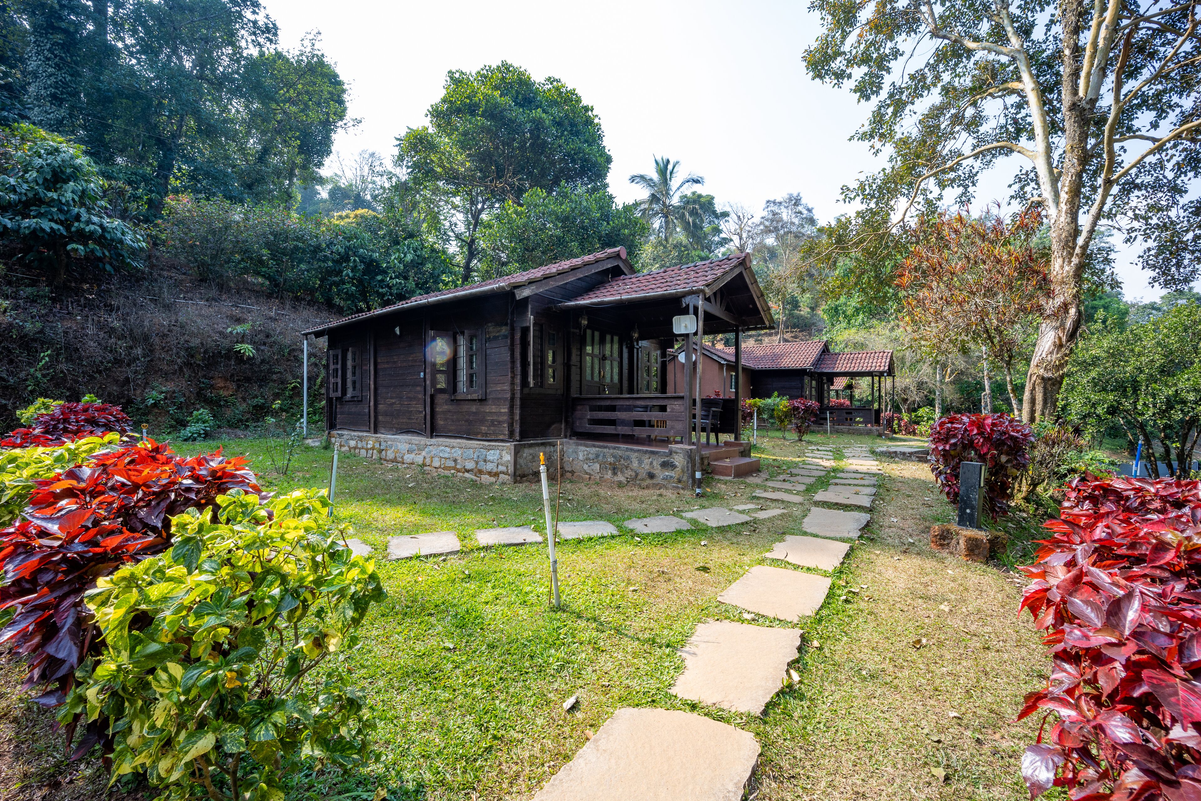 Uma cabana de madeira com varanda, rodeada por um jardim com folhagem vermelha e verde.