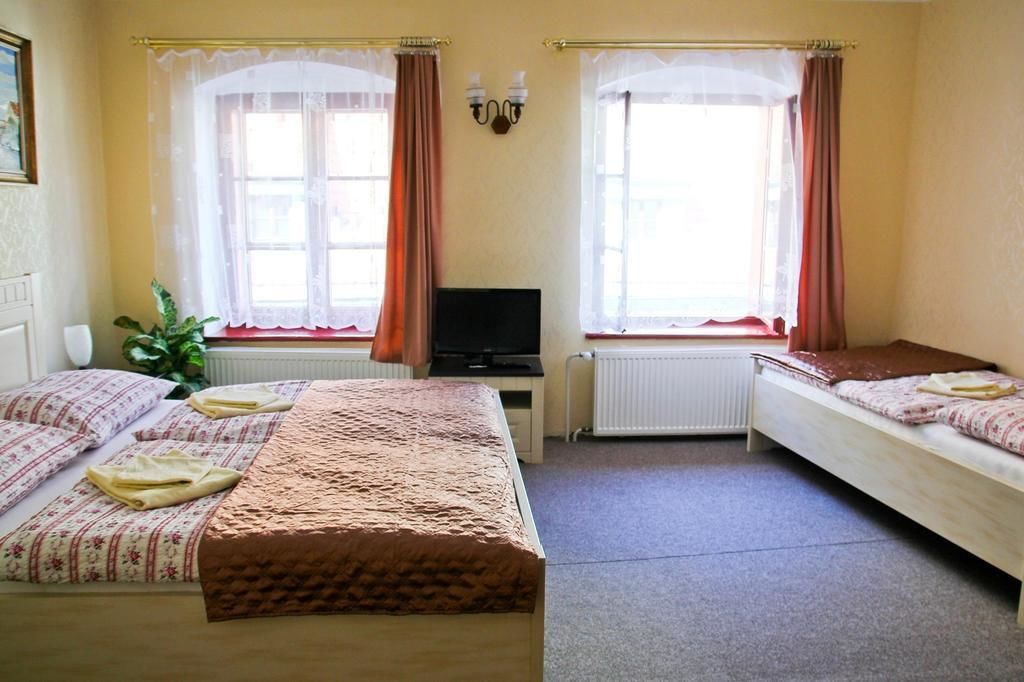 Quarto com duas camas de solteiro, um radiador, uma televisão e uma planta.