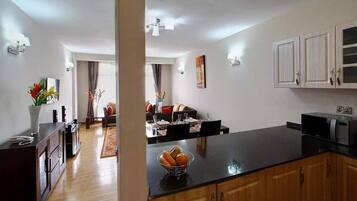 Apartamento Premium, 1 quarto | Cozinha privada | Um frigorífico/congelador grande, um micro-ondas, um forno