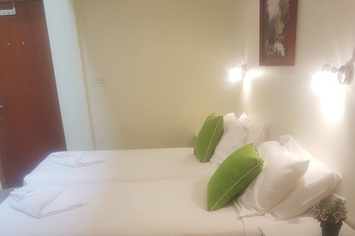 Quarto de hotel com duas camas, roupa de cama branca, almofadas verdes, uma pequena mesa de cabeceira com uma planta e um candeeiro fixado na parede.