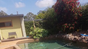 Piscina com deck ladrilhado, rodeada por vegetação e um edifício com janela e cadeira.