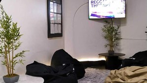 Uma sala de estar moderna com televisão de tela plana na parede, poltronas de couro pretas e duas plantas em vasos.