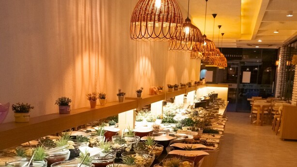 Uma área de buffet com diversos pratos e plantas.