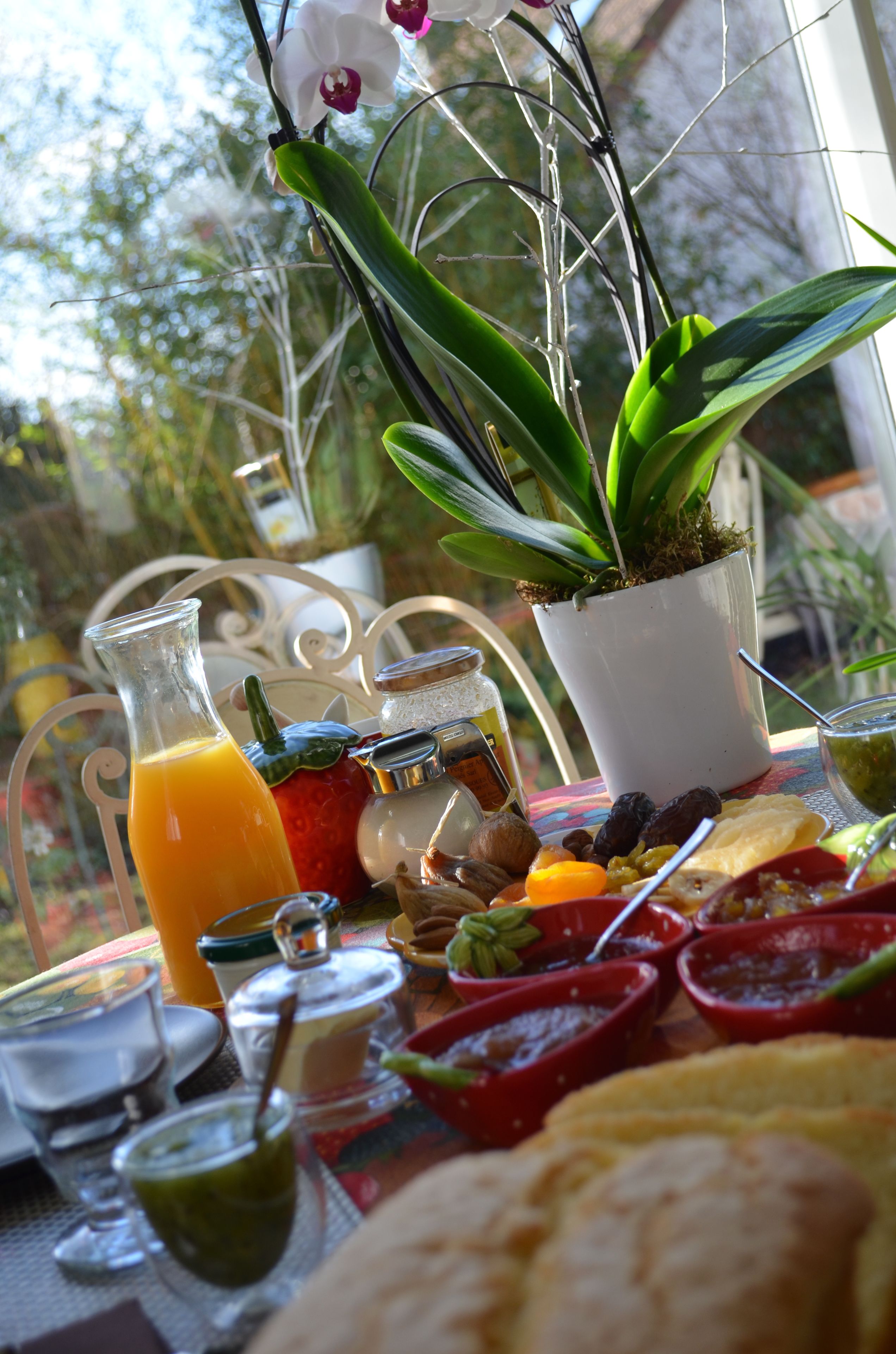 Mesa de café da manhã com diversos alimentos, um copo de suco de laranja e um vaso de planta.