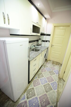 Apartamento conforto, 1 quarto, cozinha, vista para a cidade | Cozinha privada | Geladeira grande, micro-ondas (mediante solicitação), cooktop