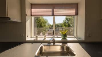 Apartamento, 1 quarto | Cozinha privada | Geladeira grande, micro-ondas, fogão, cooktop