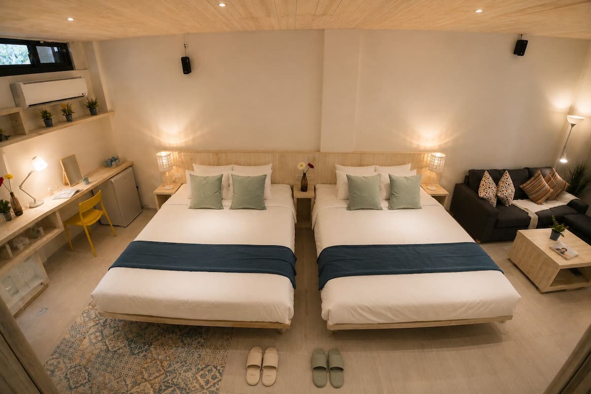Roupas de cama premium, cortinas blackout, berços (sobretaxa)