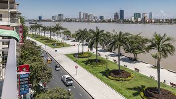 Vista ribeirinha com uma estrada, palmeiras e o horizonte da cidade ao fundo.