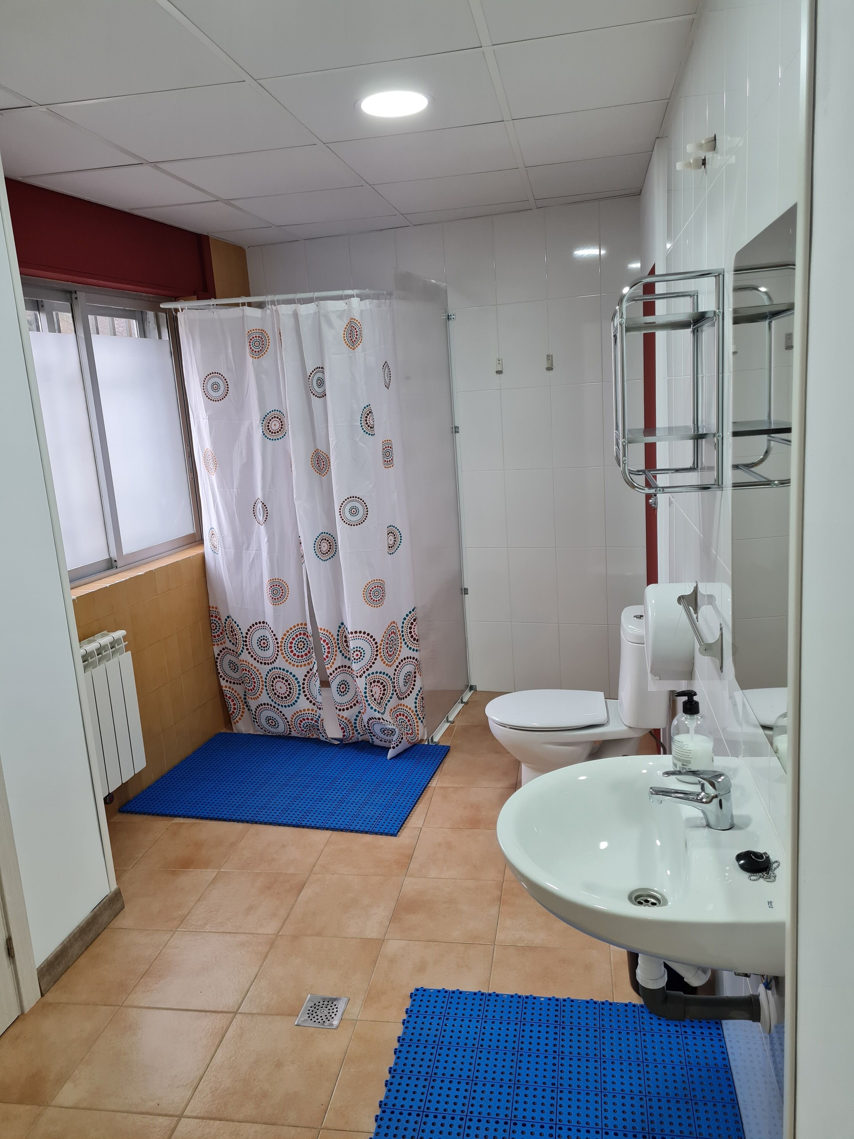 Casa de banho com lavatório branco, sanita e chuveiro com cortina estampada, e um tapete azul.