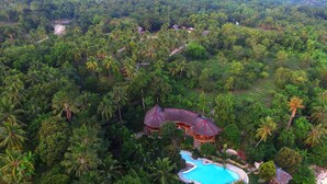 Vista aérea de um resort tropical com piscina, palmeiras e uma casa grande com telhado de palha.