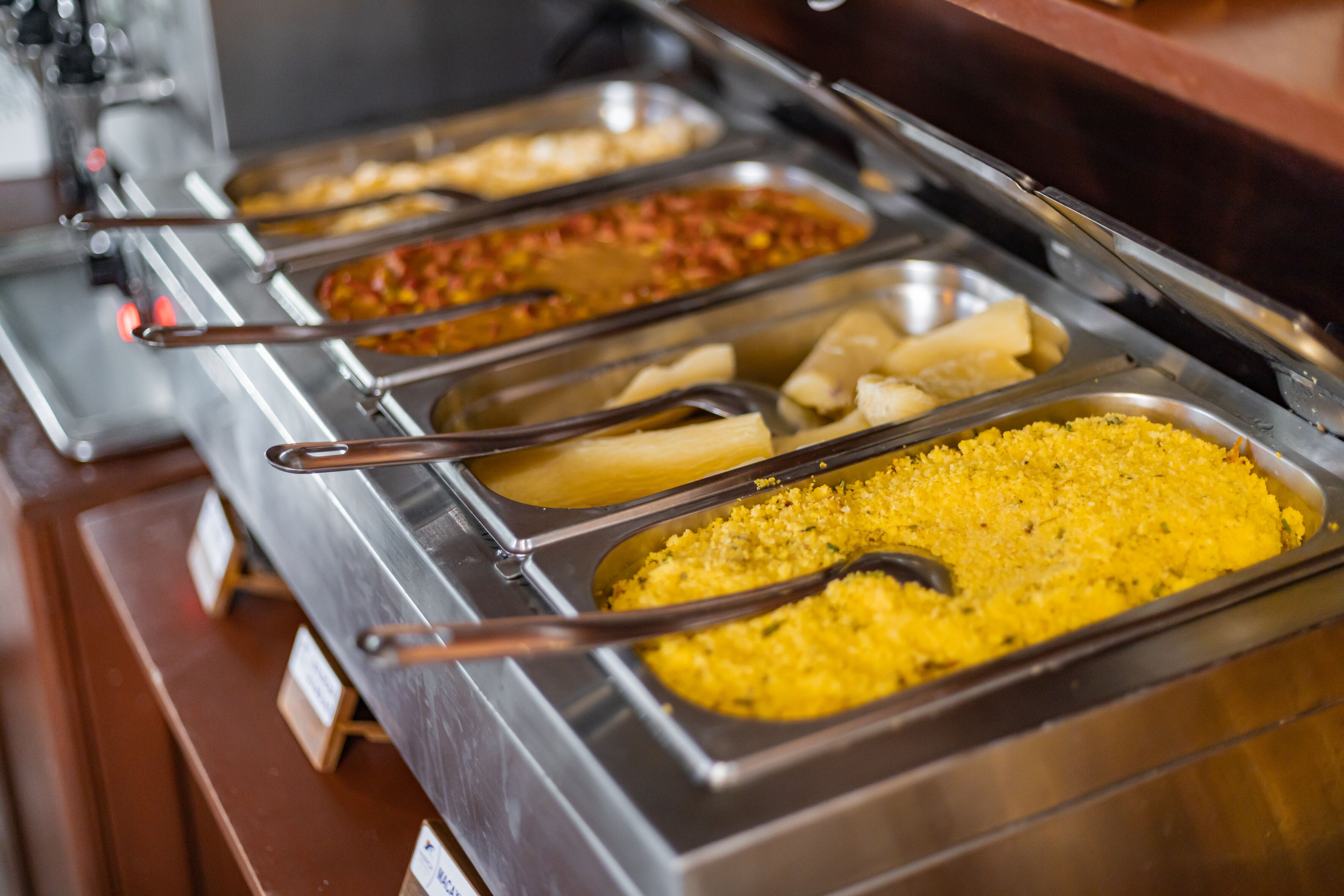Buffet com diversos pratos, incluindo massa, arroz e legumes.