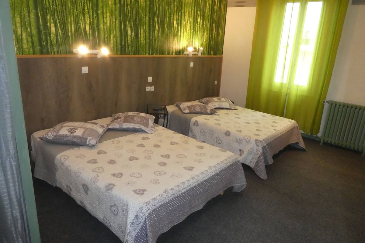 Quarto com duas camas de solteiro, cada uma com roupa de cama e almofadas estampadas, cabeceira de madeira e parede verde com linhas verticais.