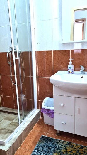 Casa de banho com cabine de chuveiro em vidro, lavatório branco com dispensador de sabonete e um pequeno cesto de lixo.
