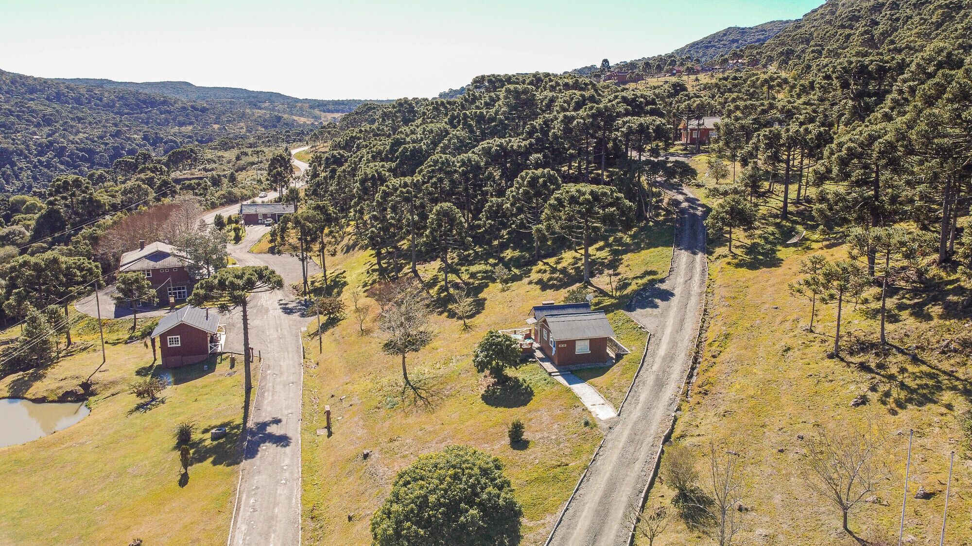 Uma área rural com casas cercadas por florestas densas e colinas.
