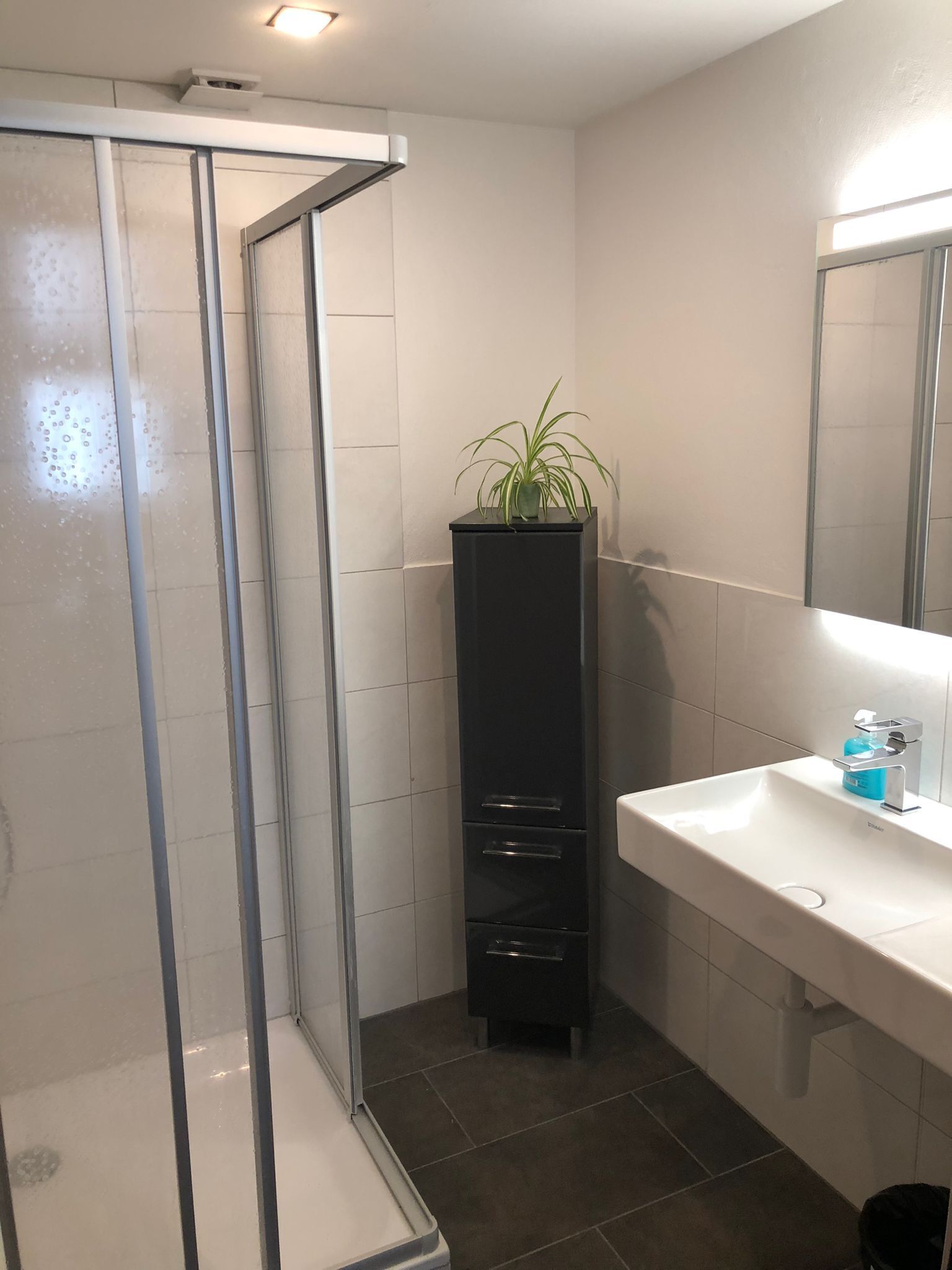 Uma casa de banho moderna com cabine de duche em vidro, um armário preto alto e uma sanita branca com espelho em cima.