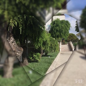 Uma trilha leva a um edifício com arquitetura moderna, cercado por vegetação e um muro de pedra.