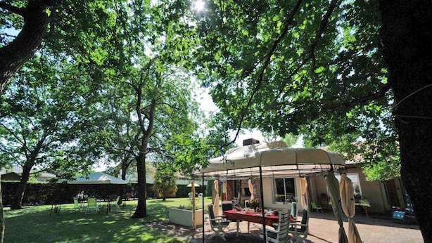 Uma área de pátio ao ar livre com mesa e cadeiras cobertas, rodeada por árvores e um edifício ao fundo.