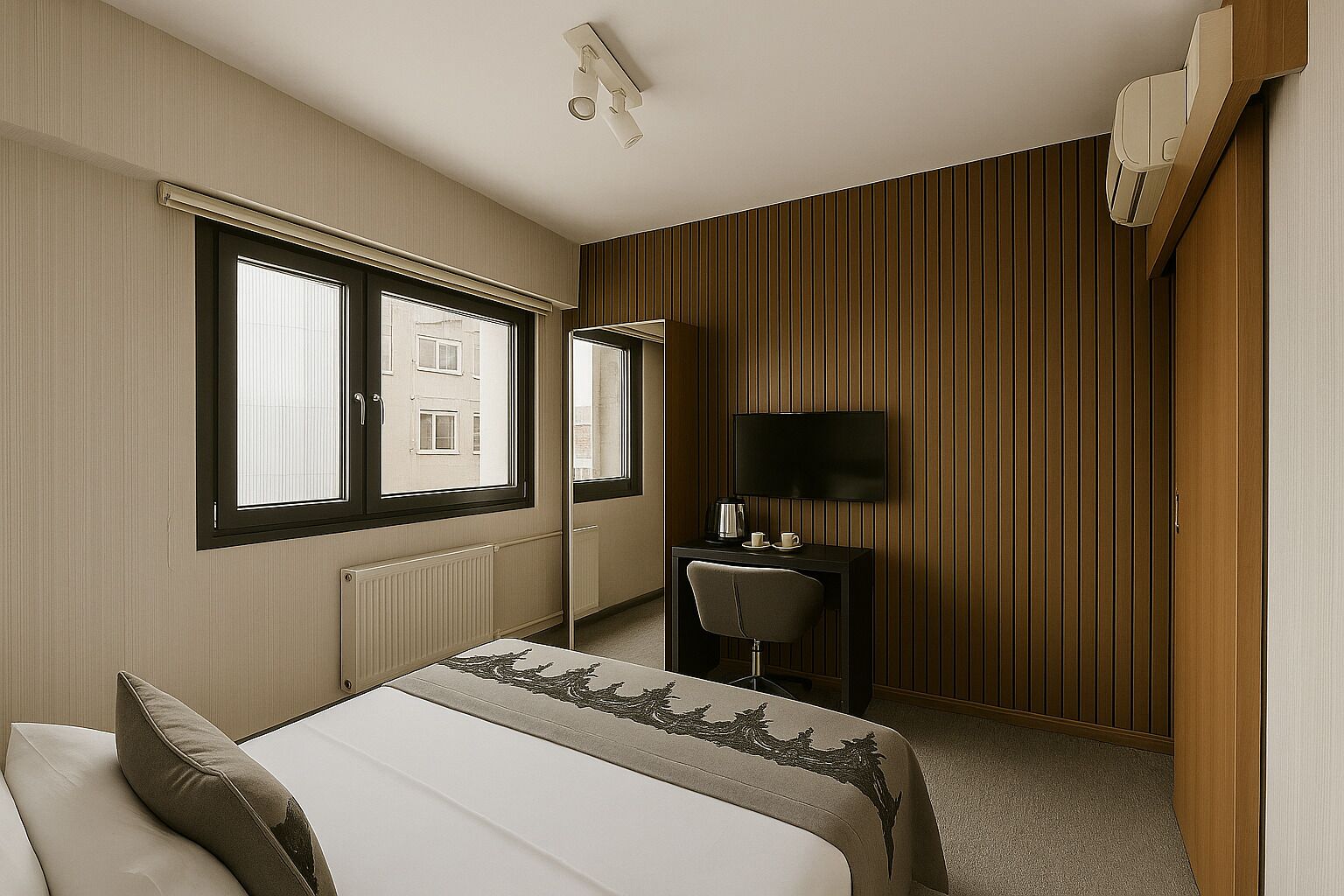 Quarto de hotel com cama, secretária com televisão e janela com persianas.